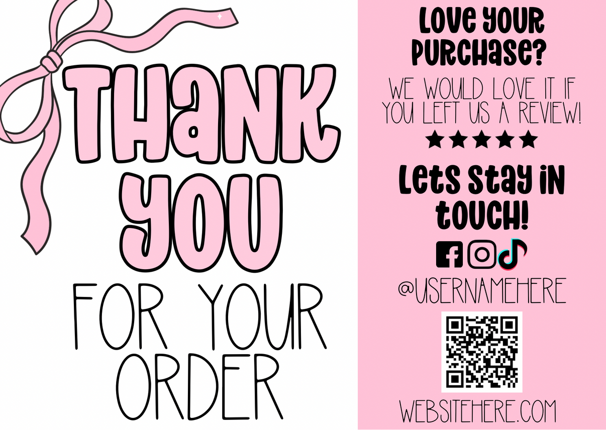 Light Pink Bow Thank You Card Template – Forever Em Designs